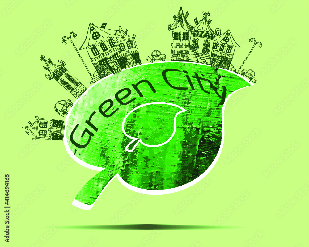 Green city sketch. Hand drawing oil painting background. Vector image ...
