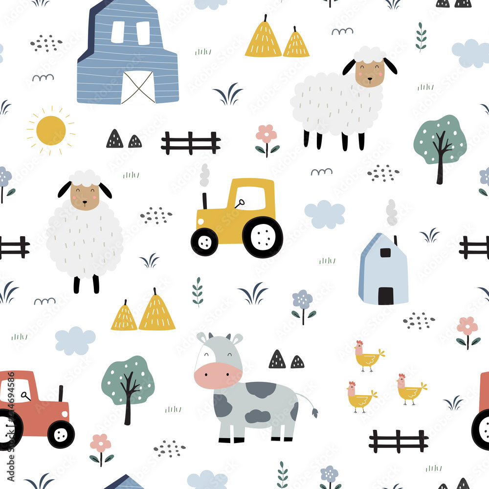 Farm seamless pattern Cute landscape background with sheep and cows ...