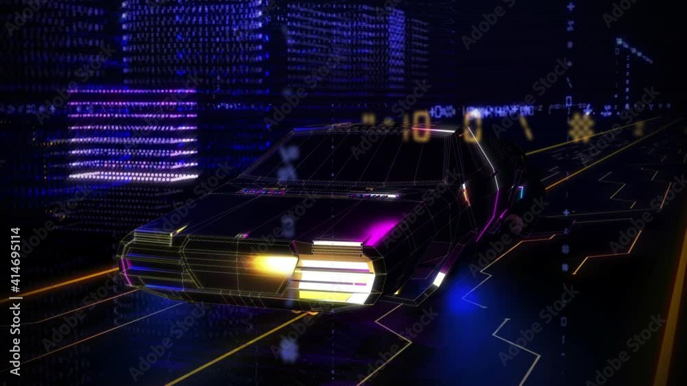 Entering the Computer World. Futuristic Chrome Car is Slowly Moving ...