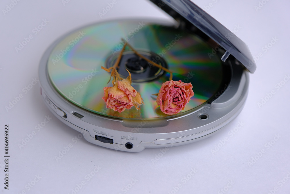 dry rose and CD player. dry rose lies on a portable compact disc player ...