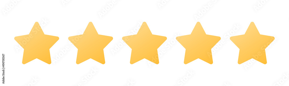 Rating sticker icon with five gold stars on a white background. Flat ...