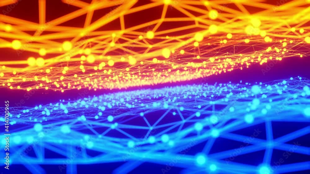 Abstract Flying Through Orange Blue Glowing Digital Data Tunnel, made of digital nodes and ...