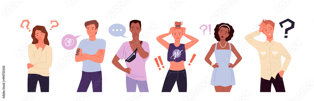 Confused people think in doubt set, showing gestures of stress and ...