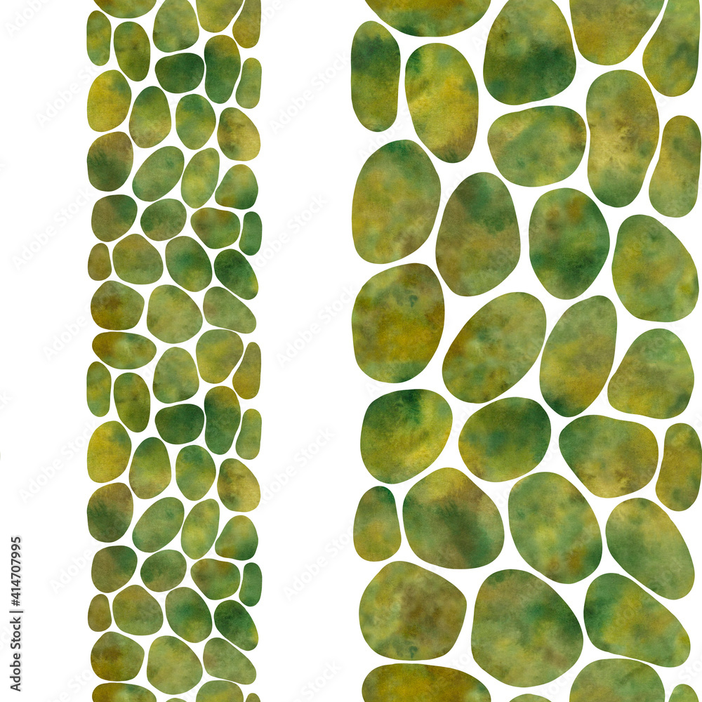 Watercolor green stone pavement on white background. Vertical border ...