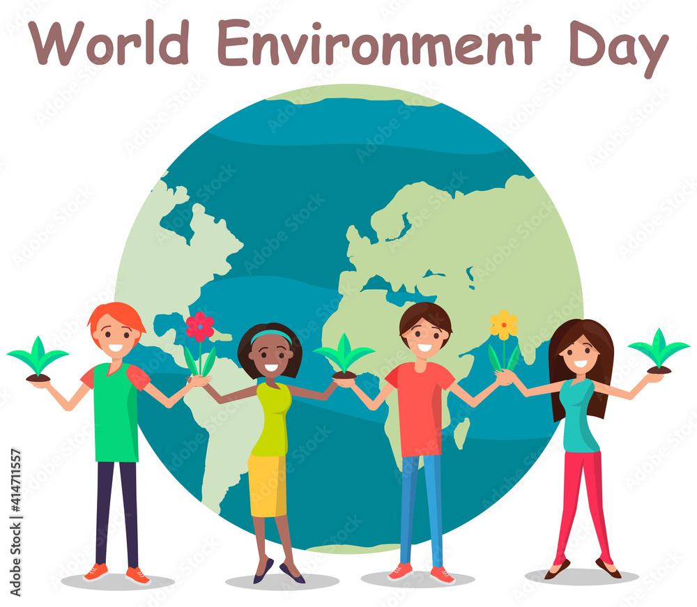 World environment day concept. Multinational people stand around planet ...