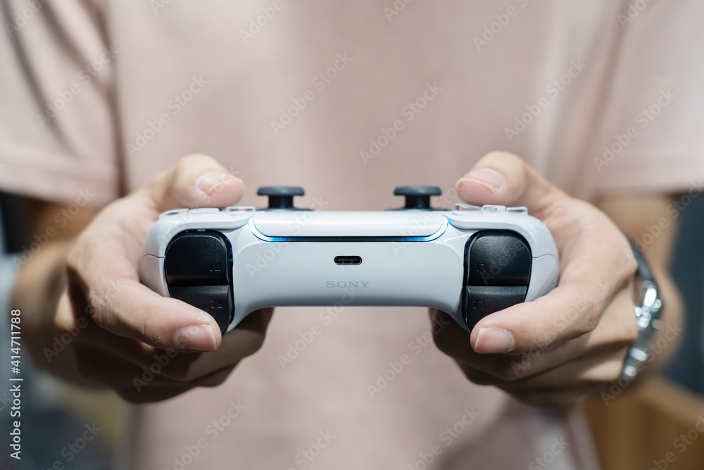 View of Gamer Hands Playing the New Playstation 5 Console with ...