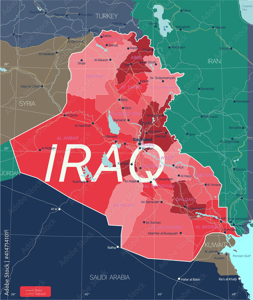Irak country detailed editable map with regions cities and towns, roads ...