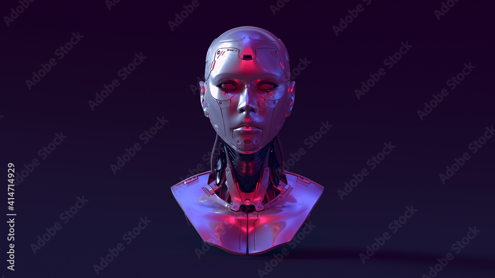 Cyborg with Blue Pink Moody 80s lighting 3d illustration render ...