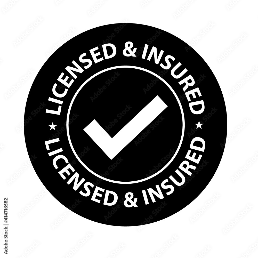 'licensed and insured' rounded seal with tick mark. vector symbol Stock ...