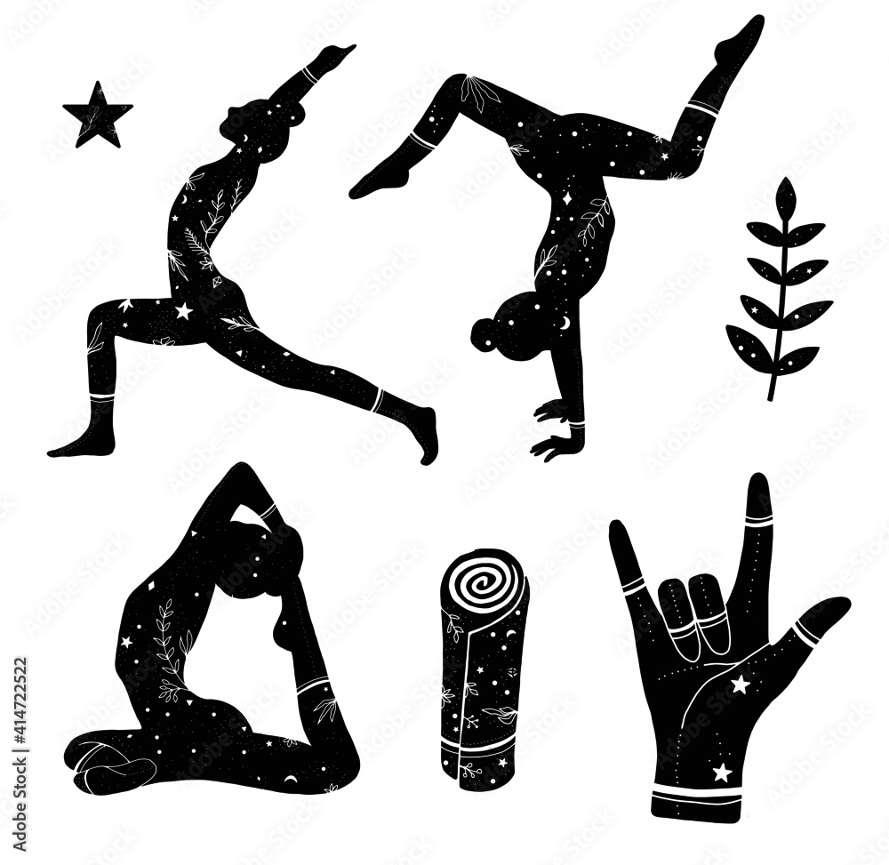 Bundle of yoga poses and yoga matt. Isolated silhuette of yoga girl ...