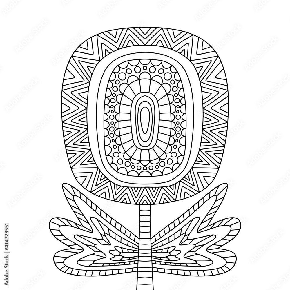 Geometry fantasy flower on stem with two leaves coloring page vector ...