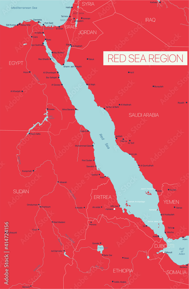 Red Sea region country detailed editable map with countries capitals ...