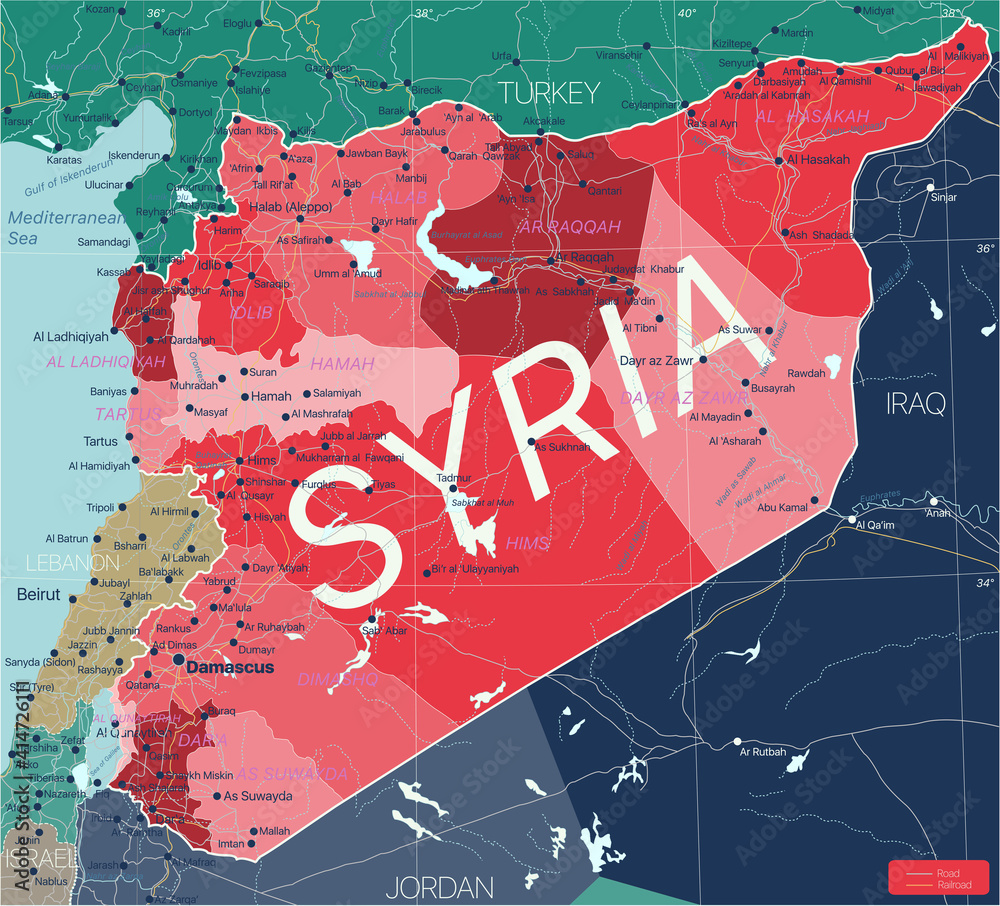 Syria country detailed editable map with regions cities and towns ...
