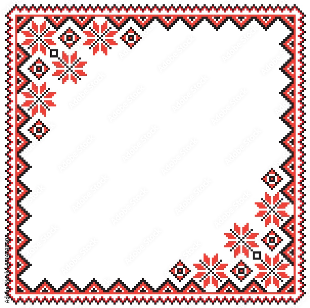 Frame with national Ukrainian floral design in red and black. Textiles ...