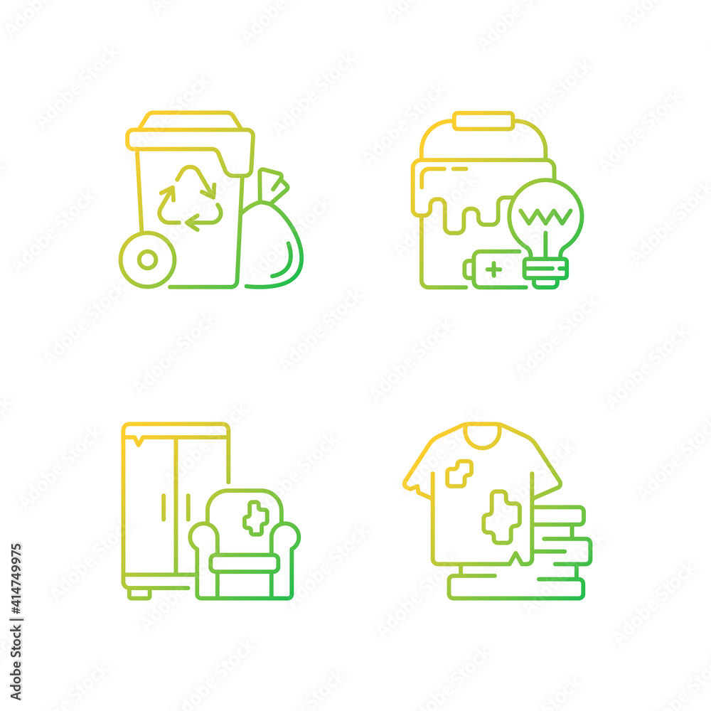 Garbage disposal gradient linear vector icons set. Residential waste ...