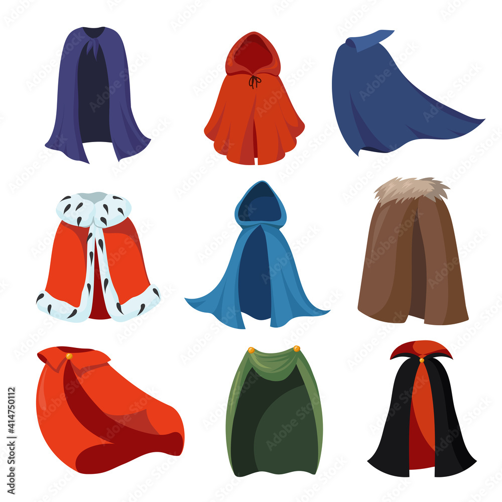 Cartoon capes set. Cartoon cloaks or mantles of king, vampire, death ...