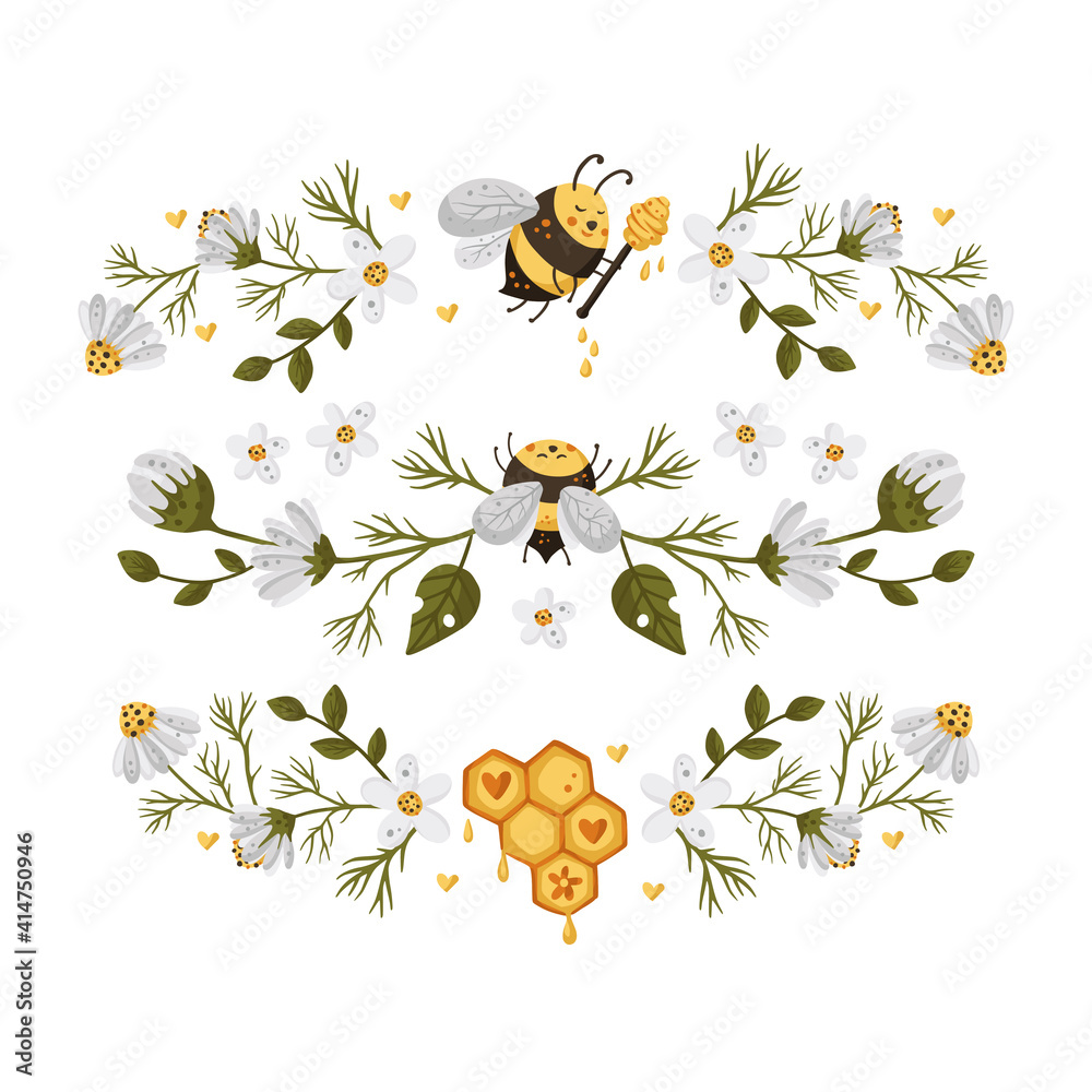 Honey bee border frame. Vector illustration. Horizontal divider frame ...