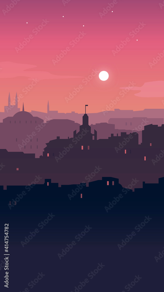 Vector illustration. Flat landscape. Romantic sunset, sundown city ...