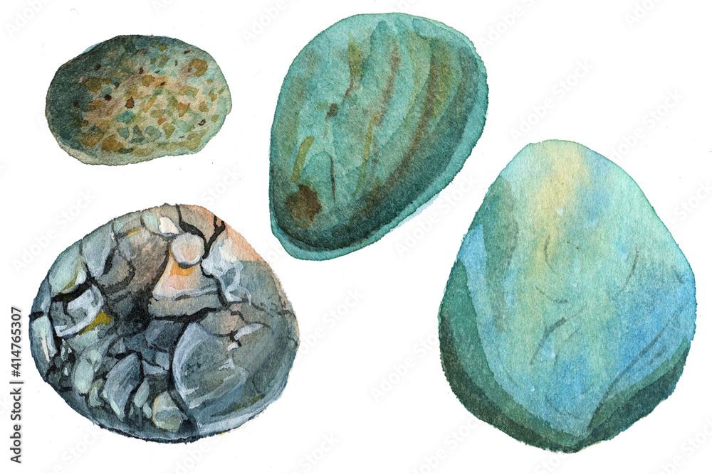 Watercolor sea pebbles set, postcard, blue, turquoise stones. Natural ...