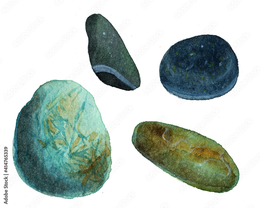 Watercolor sea pebbles set, postcard, blue, turquoise stones. Natural ...