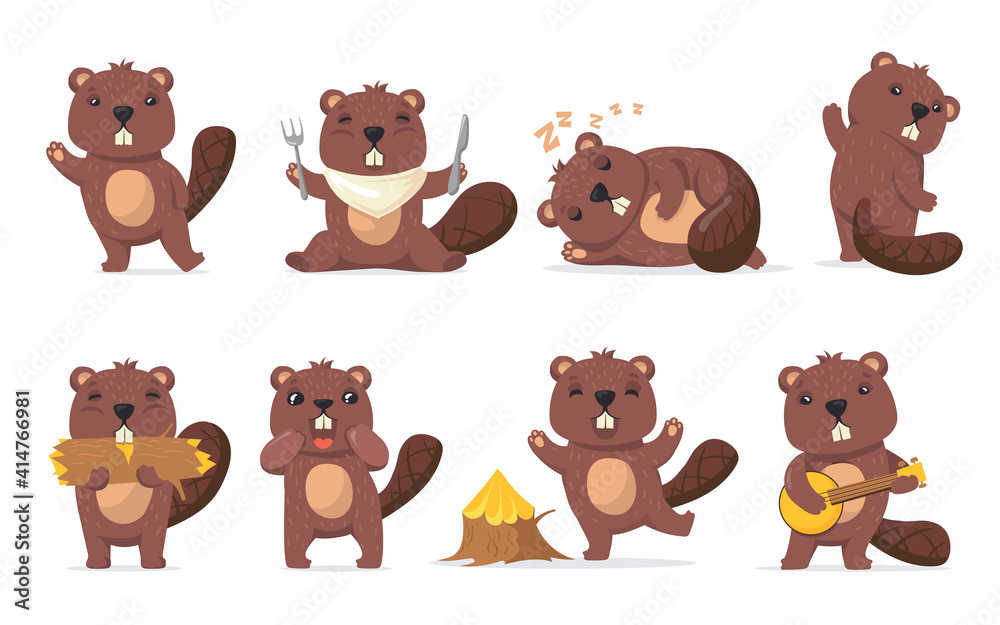 Funny beaver set. Cute cartoon woodchuck waving hello, eating wood ...