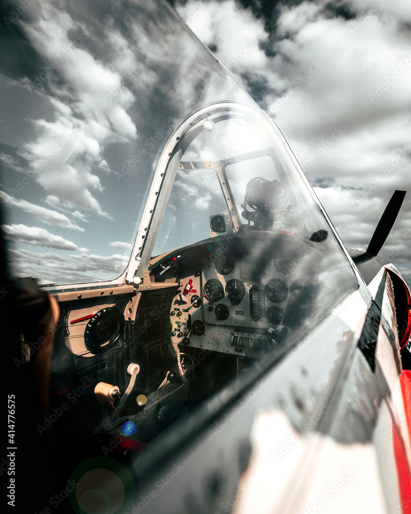 airplane cockpit in the airport with clouds reflection on windows Stock ...