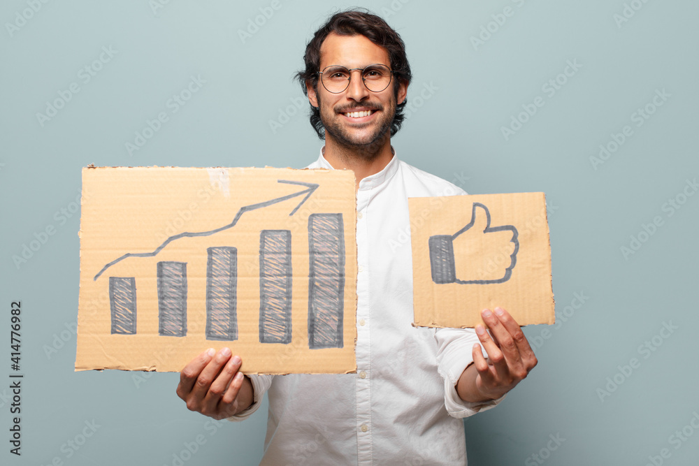 young handsome indian man with a bars chart growing banner Stock Photo ...