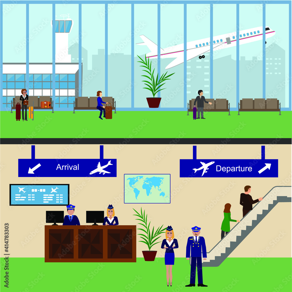 People at airport vector travel activities. vector interior of airport ...
