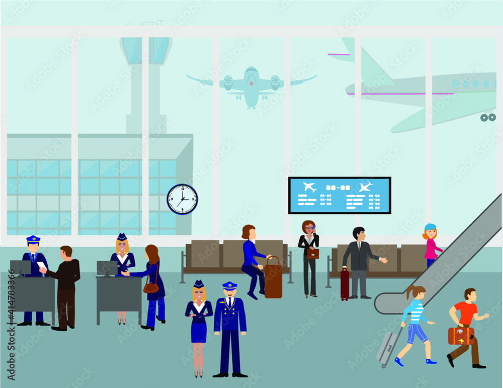 People at airport vector travel activities. vector interior of airport ...