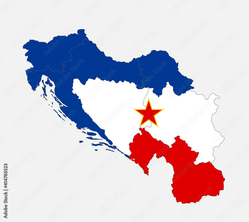 Map of the Yugoslavia in the colors of the flag with administrative ...