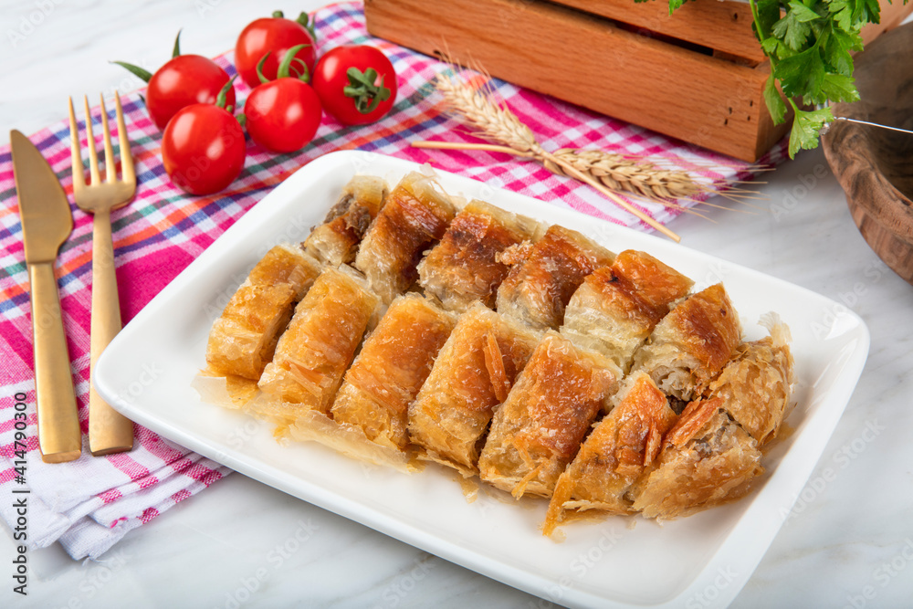 Turkish style meat stuffed filo dough borek served kol boregi. Cheese ...