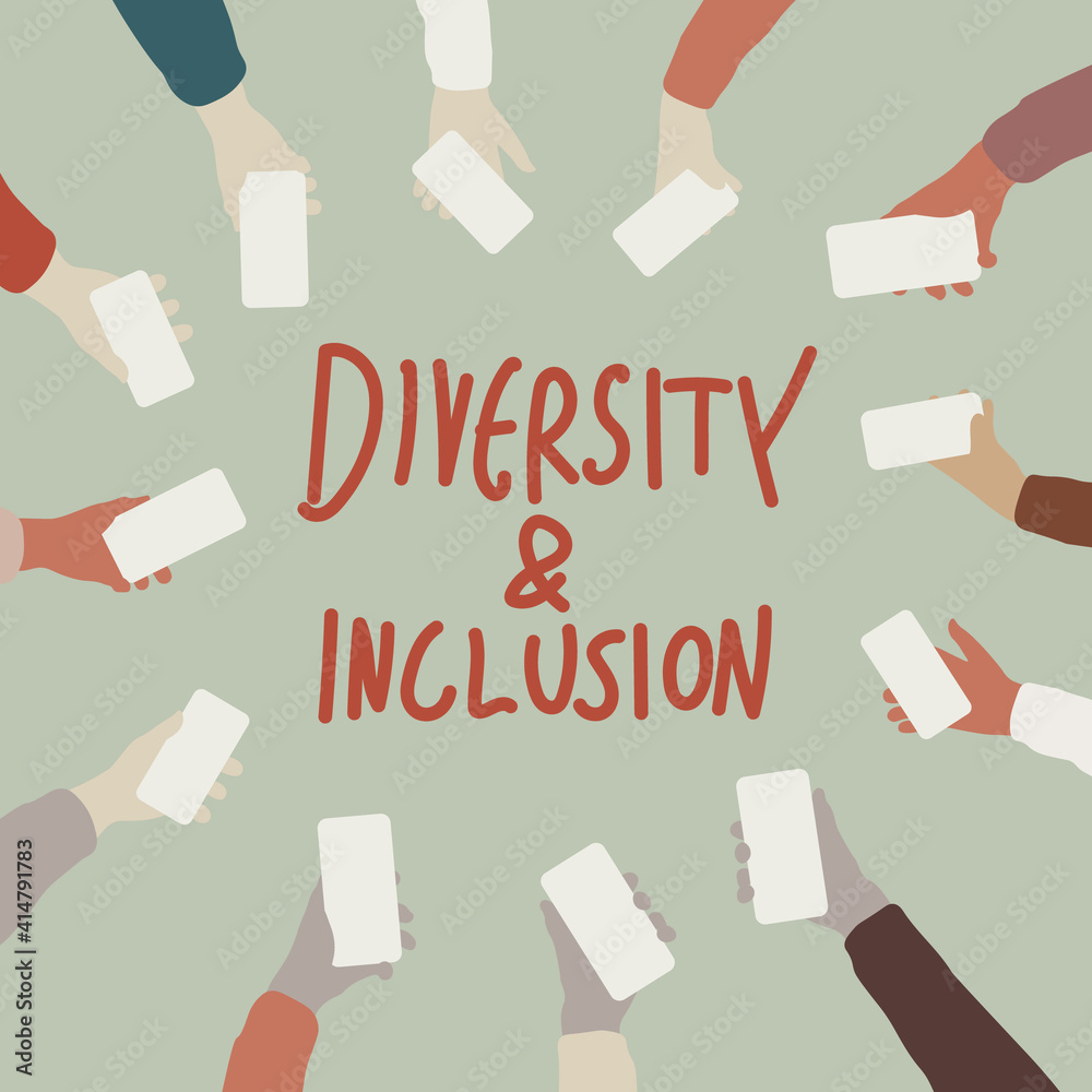 Diversity and inclusion vector illustration. Hands holding smartphones ...