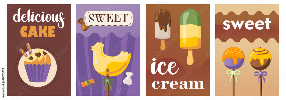 Trendy poster designs with cakes and sweets. Vivid brochures with ...