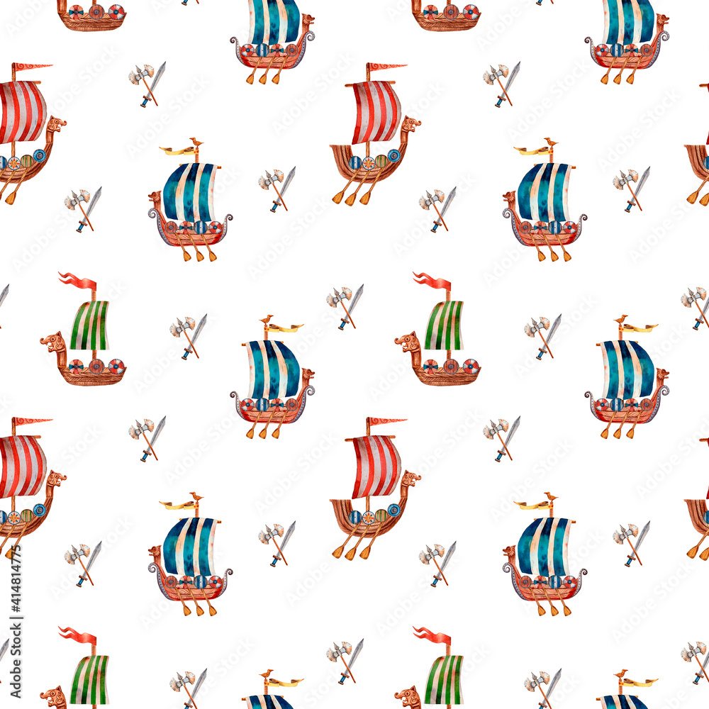 Cute viking pattern. Seamless texture. Drakkars and viking sailboats ...