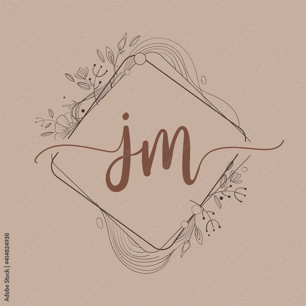 Letter JM Initial Logo with Hand Draw Floral, Initial Wedding Font Logo ...