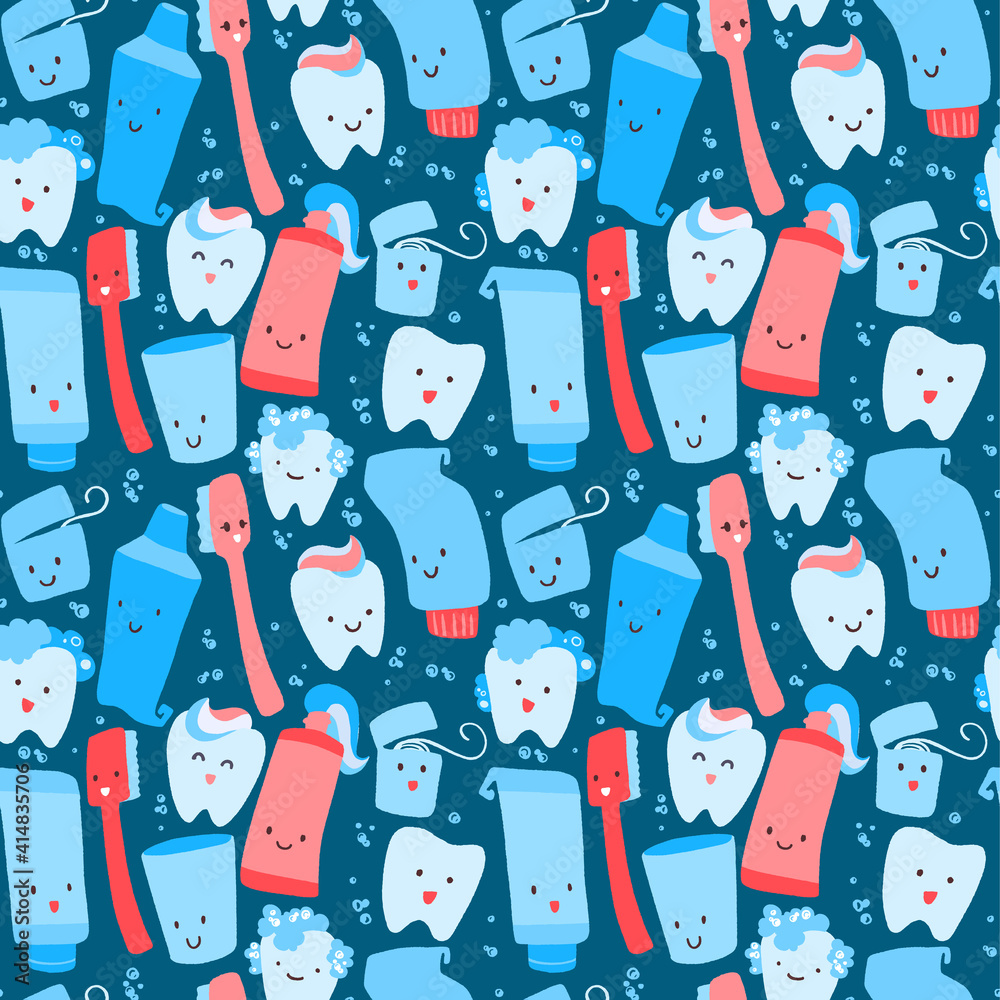 Seamless vector pattern with hand drawn cute teeth and objects for ...