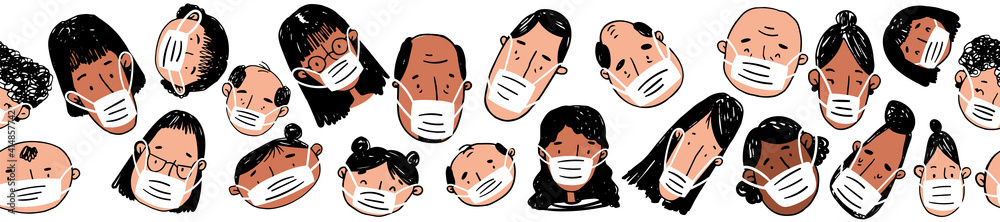 Seamless border with peoples in face masks. Sketch. Hand-drawn graphics ...