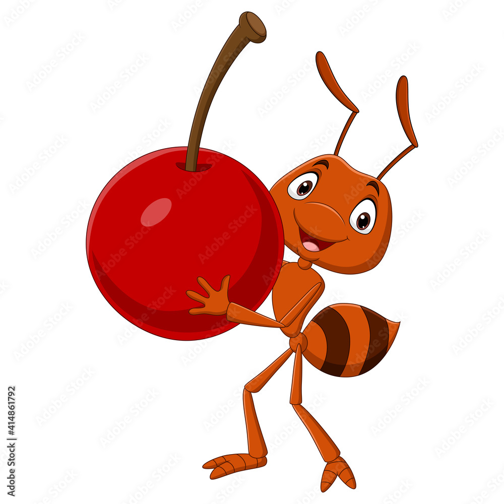 Cute ant cartoon carrying a cherry Stock Vector | Adobe Stock