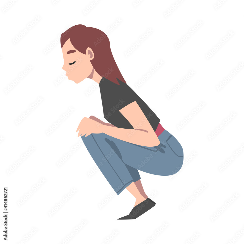 Young Beautiful Woman Crouched Cartoon Style Vector Illustration Stock ...