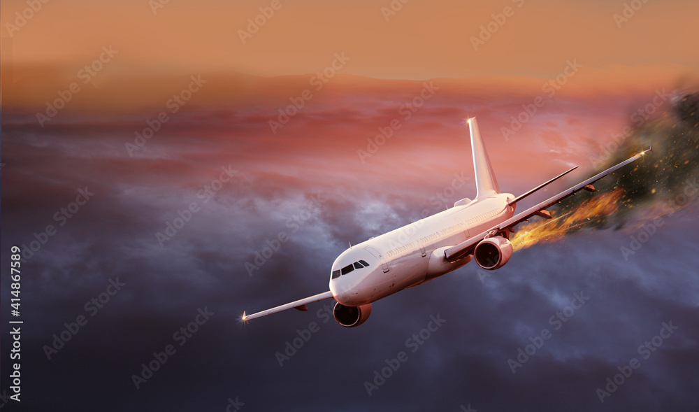 flying aircraft with exploding aero engine just before air crash Stock ...