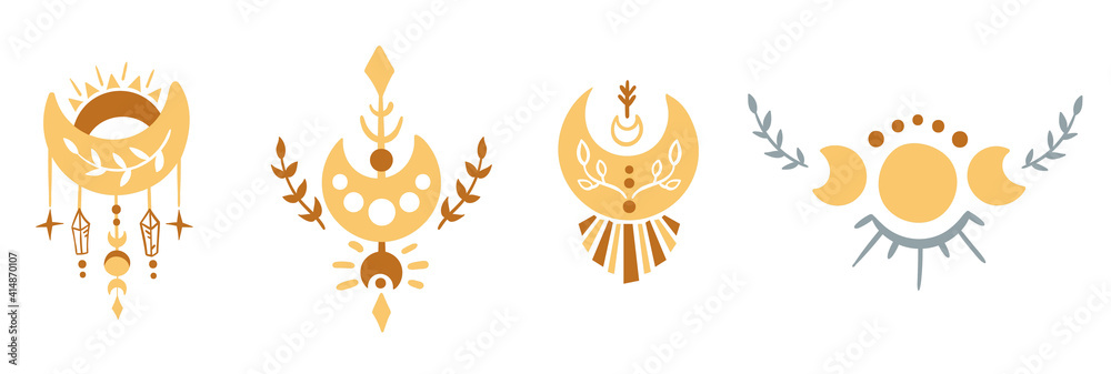 Celestial boho moon and sun clipart set, isolated lunar elements on ...