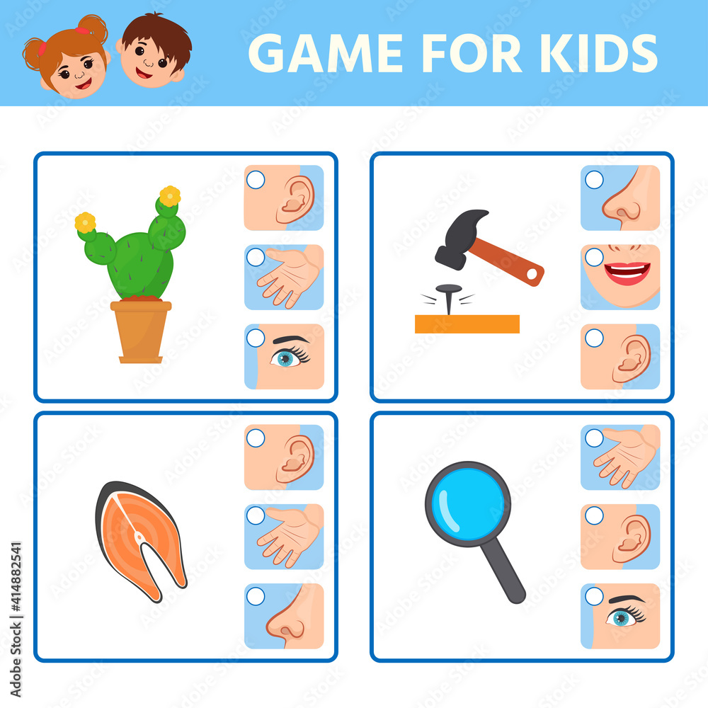 Game for children to develop logic. Five senses illustrations. Sight ...