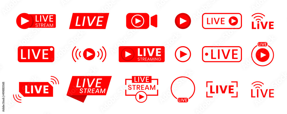 Collection of live streaming icons. Buttons for broadcasting ...