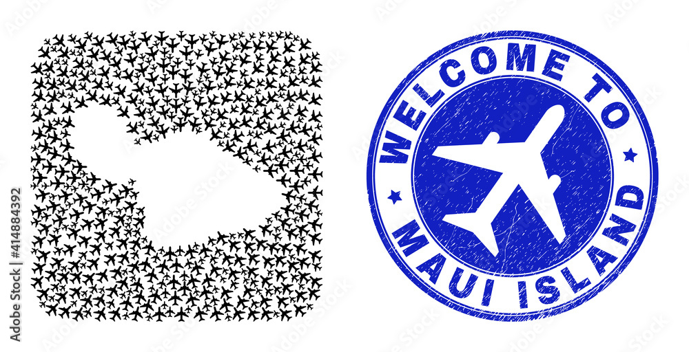 Vector mosaic Maui Island map of tourism elements and grunge Welcome ... Vector mosaic Maui Island map of tourism elements and grunge Welcome ...