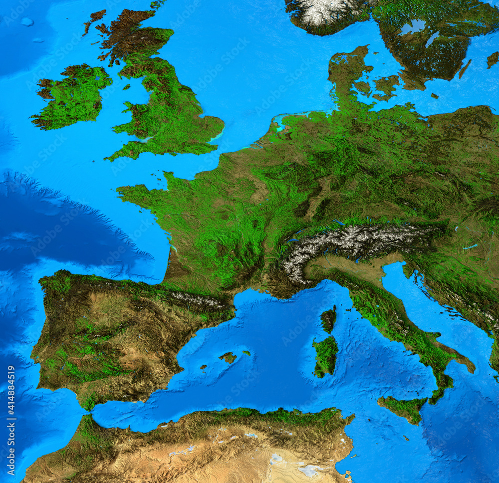 Physical map of Western Europe, centered on France. Detailed flat view ...