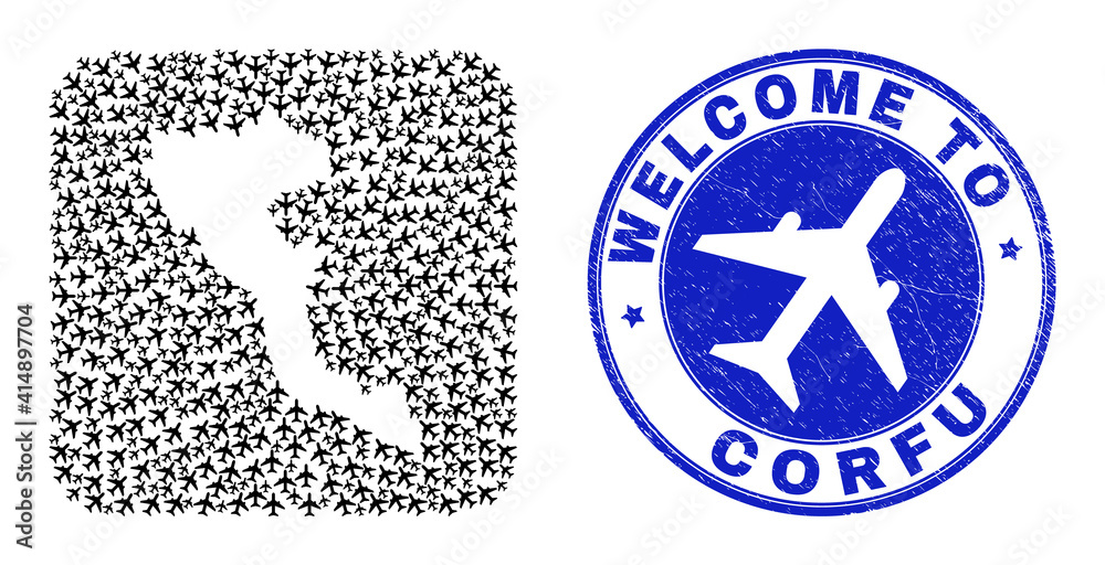 Vector mosaic Corfu Island map of air fly items and grunge Welcome ...
