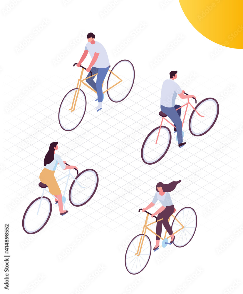 Isometric vector people riding bicycle. Vector characters men and women ...