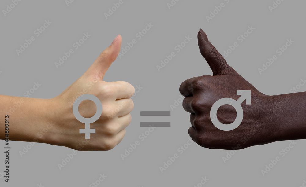 The sign of the thumb. Two hands: black with a male symbol, white with ...
