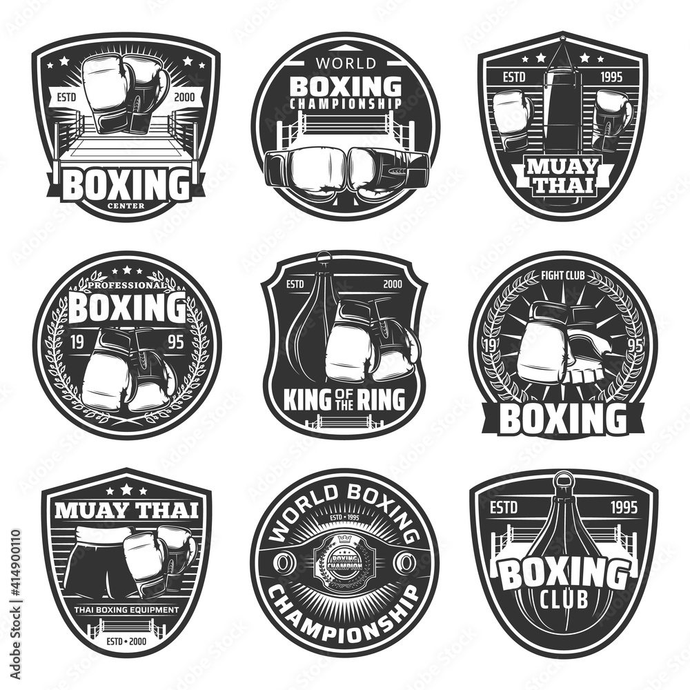 Boxing and muay thai single combats vector icons. Thailand kickboxing ...