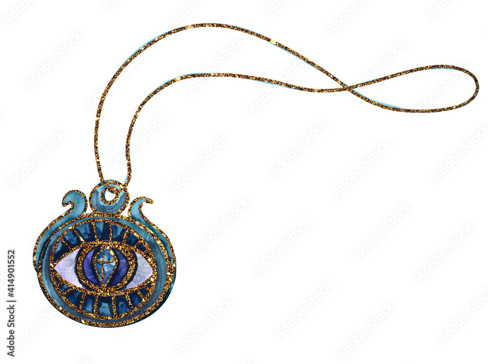 Magic amulet with golden decorations. Hand drawn watercolor magic blue ...